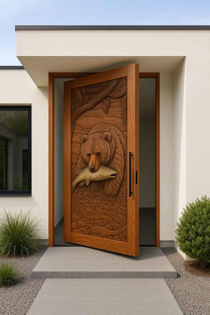 Hand-Carved Bear Fishing Door | Rustic Mahogany Entry