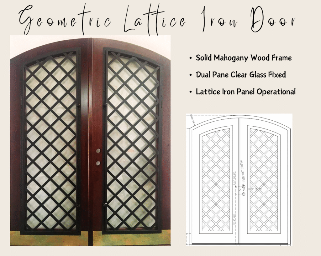 Geometric Lattice Iron Door - Mahogany with Operational Panel