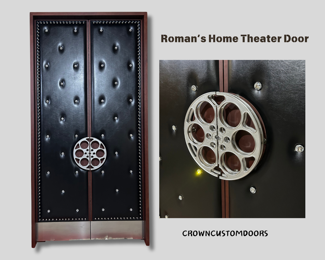 Luxury Black Upholstered Soundproof Theater Door | Film Reel Handles