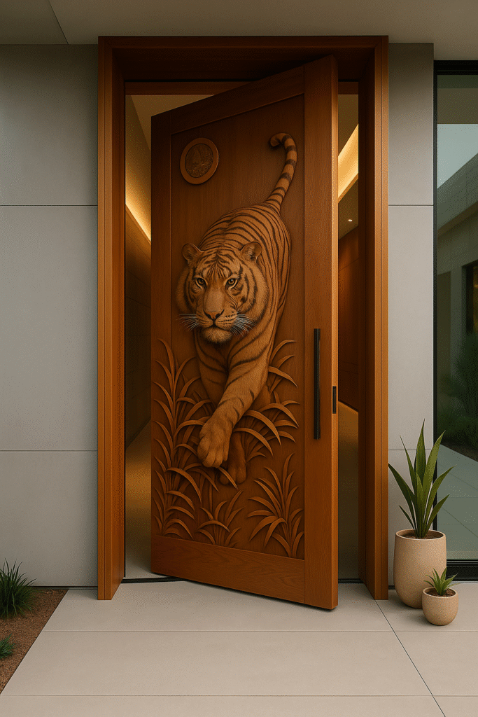 Majestic Hand-Carved Oak Tree Double Entry Door